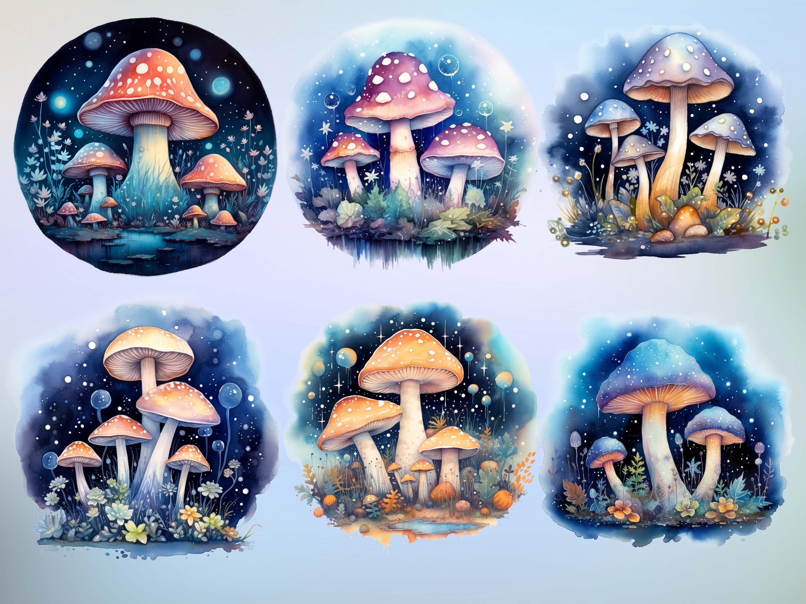 Watercolor Mushrooms Clipart Bundle - 20 Nighttime Fantasy Toadstool ...