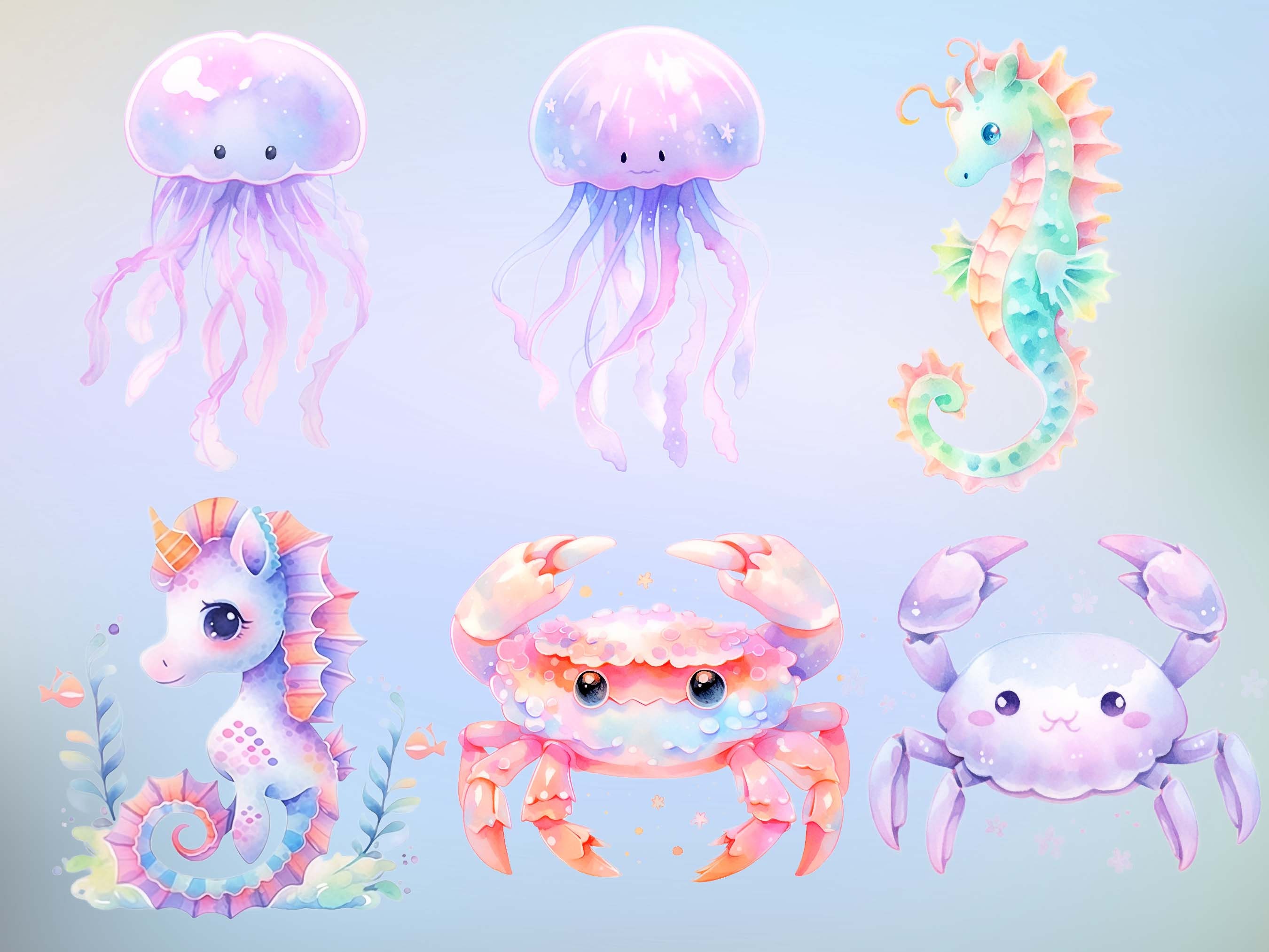 Pastel Sea Animals Watercolor Clipart - 20 PNG, Baby Shower, Ocean ...