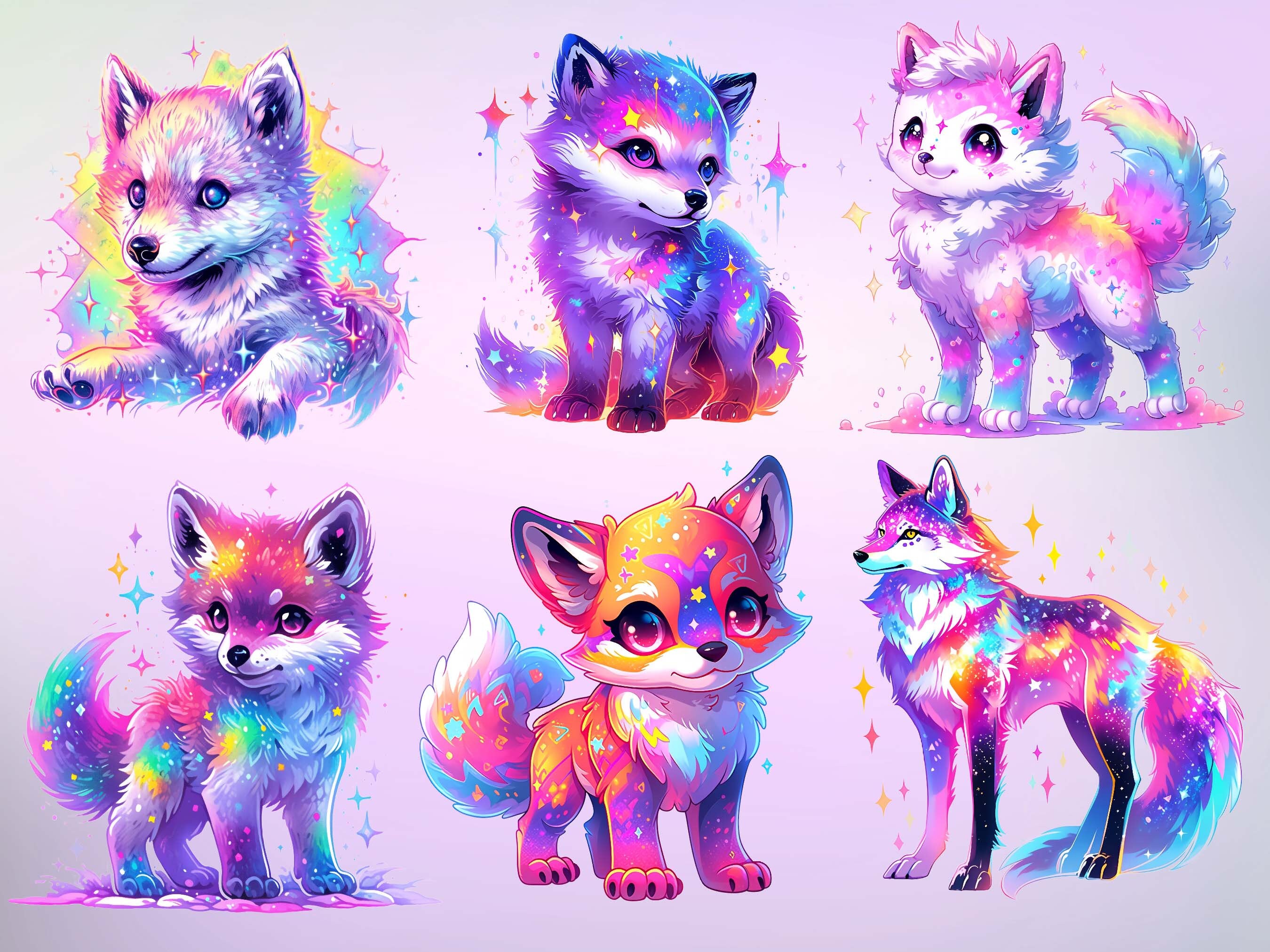 90's Neon Wolves Clipart Bundle - 20 PNG Graphics, Neon Wolf, Howling ...