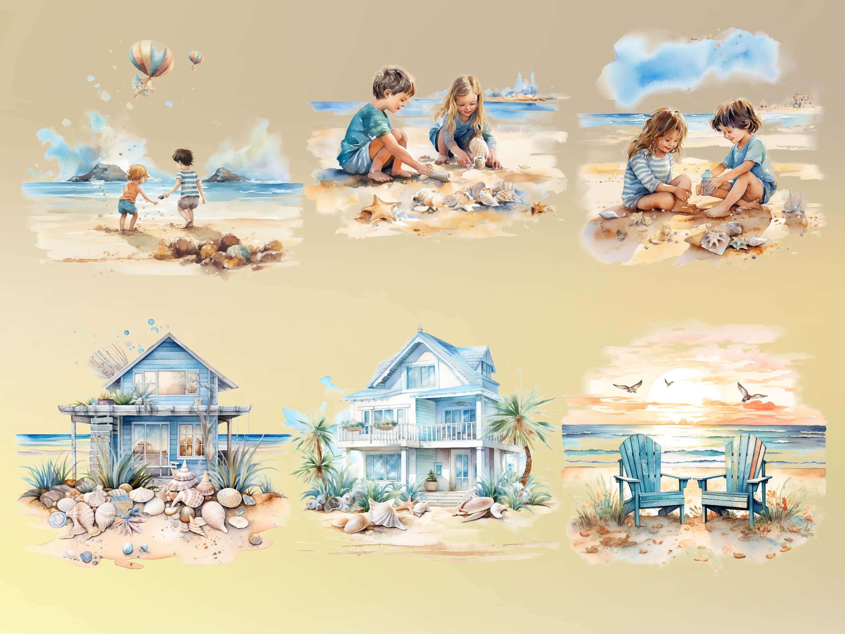 Coastal Life PNG Clipart Bundle, 20 Watercolor Beach Vacation PNG ...