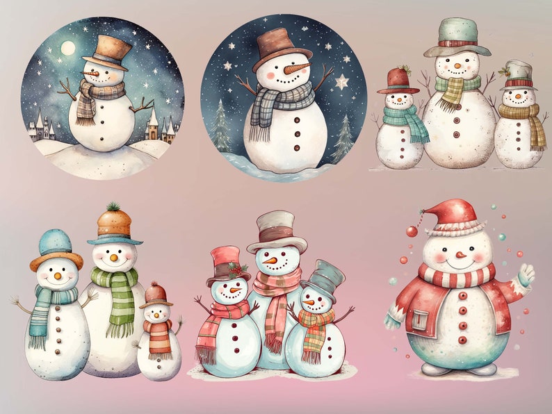 Cute Watercolor Snowman PNG Clipart Bundle of 20 Christmas Holiday ...