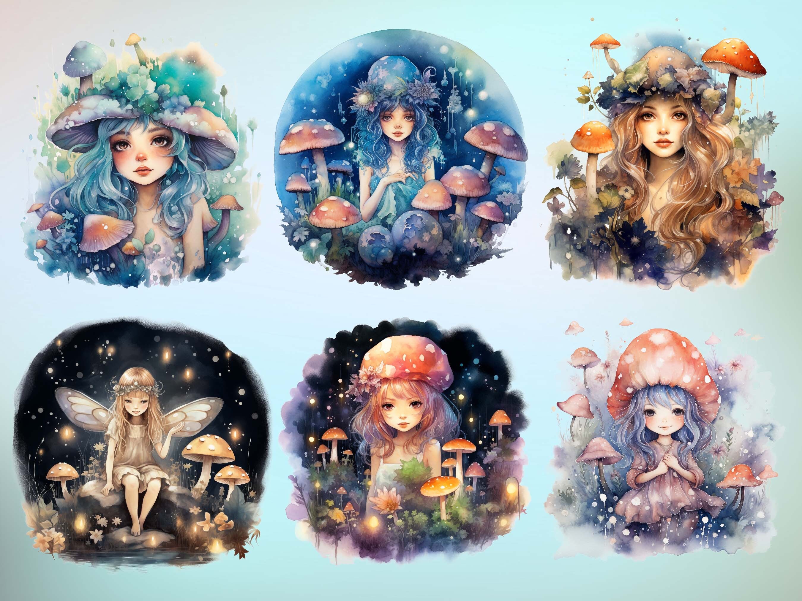 Mushroom Fairies Clipart Bundle 20 Nighttime Fantasy Watercolor PNG ...