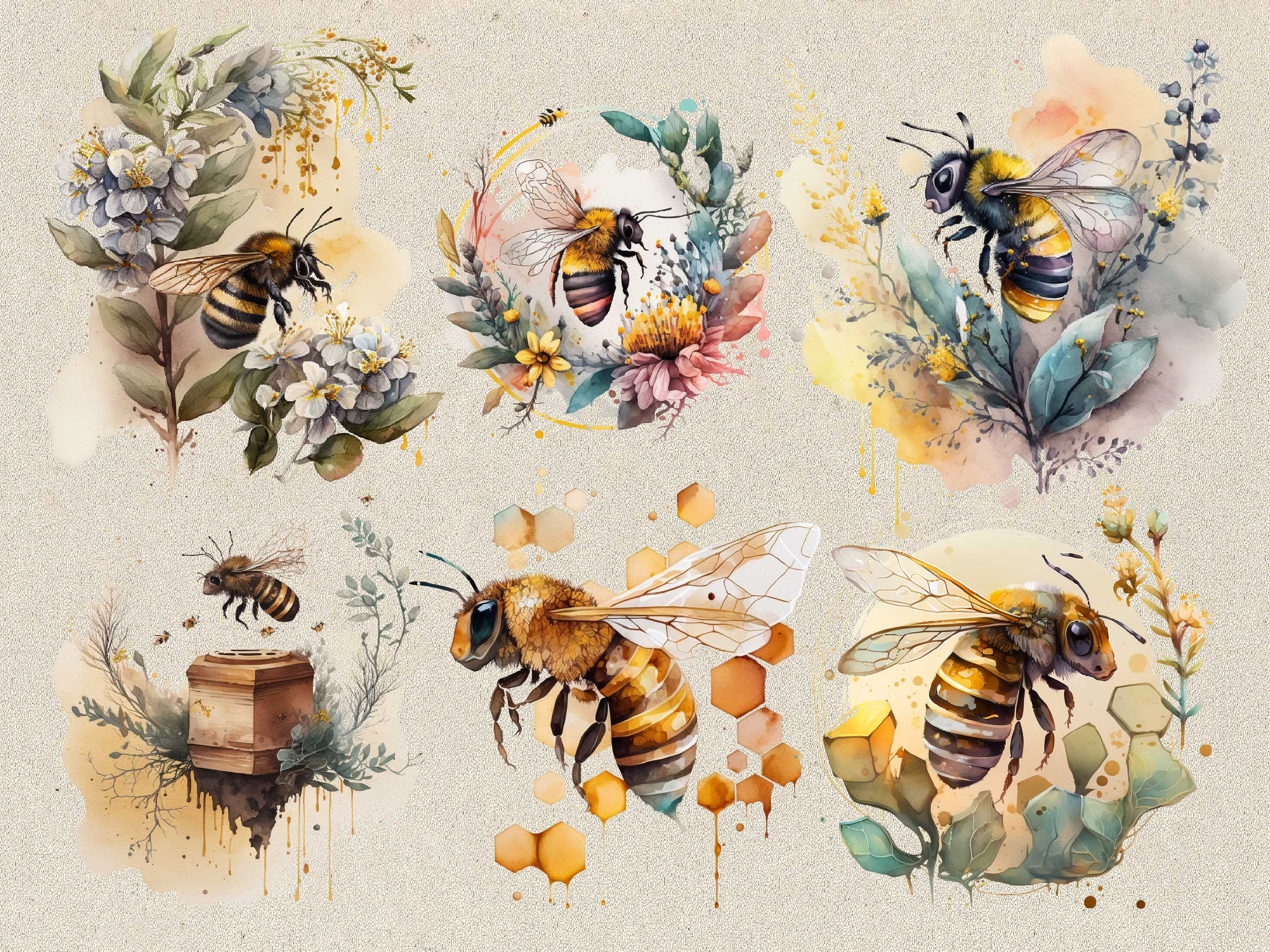 Watercolor Honey Bee Clipart Bundle, Spring Decor, Honeybee Art, Bee ...