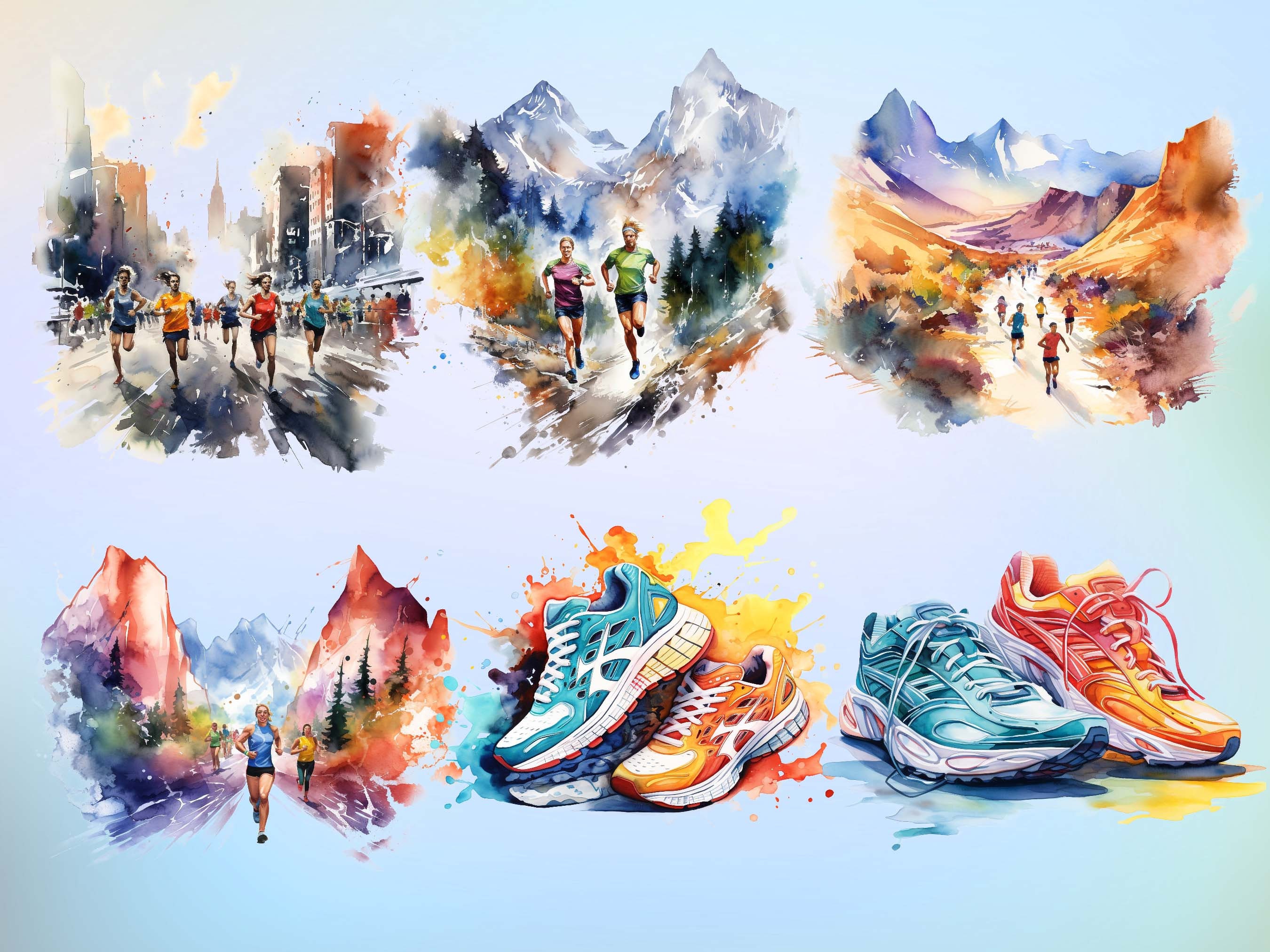 Watercolor Running Clipart Bundle, 20 Marathon Clipart PNG, Sports PNG ...