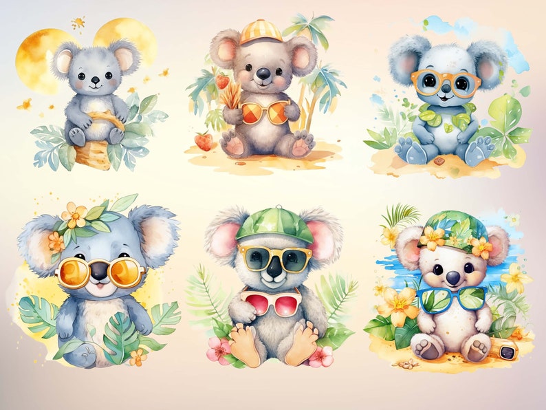 Watercolor Cute Summer Koala Clipart 20 PNG, Pastel Summer Animals Clip ...
