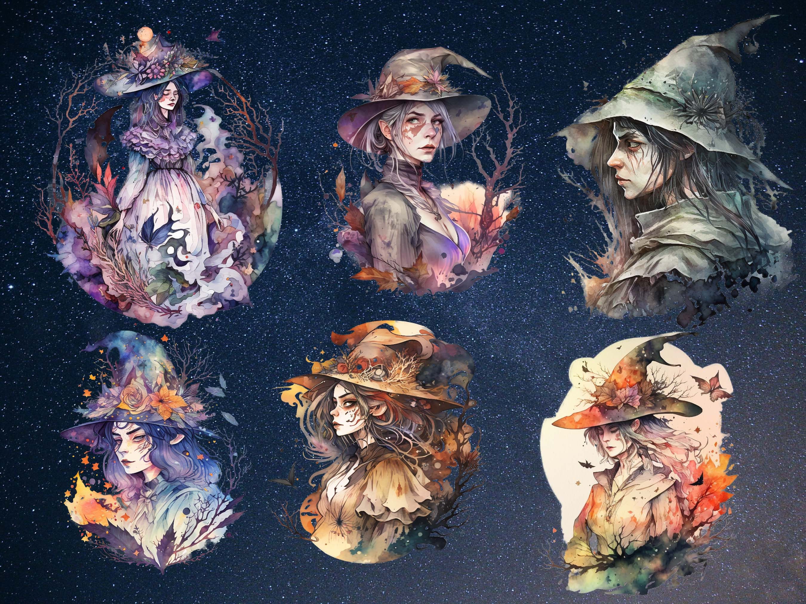 Watercolor Witch Clipart Bundle, 20 Fantasy PNG Witchcraft Clip Art ...