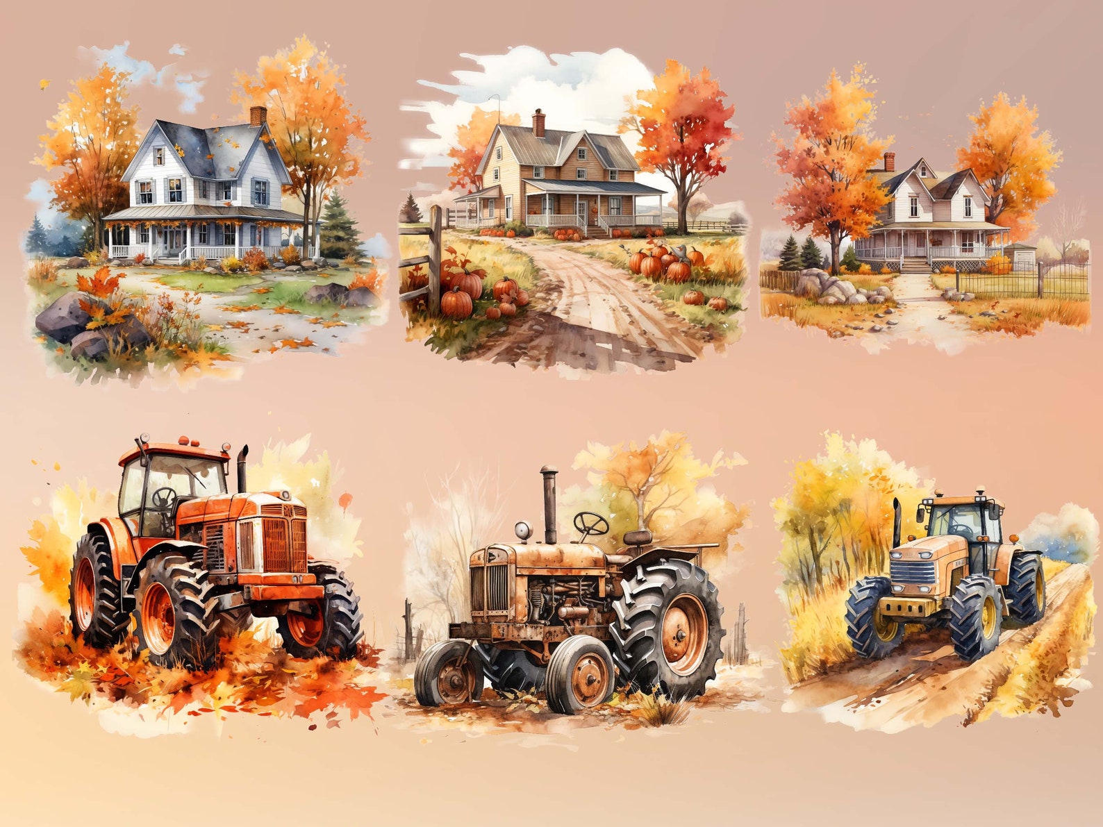 Fall Farmhouse Clipart Bundle - 20 Watercolor PNG - Barnyard Animal ...