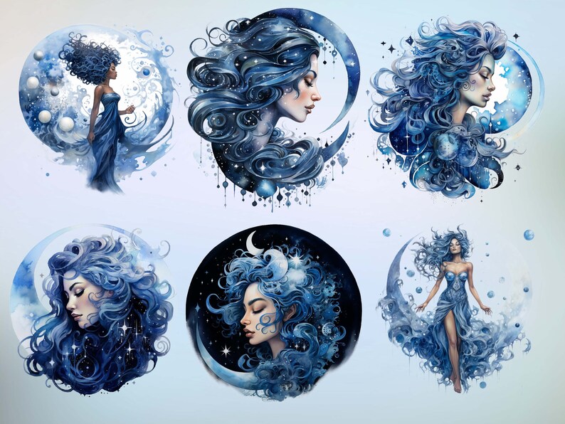 Celestial Clipart, Blue Moon Goddess Clip Art, 20 Fantasy PNG Bundle ...