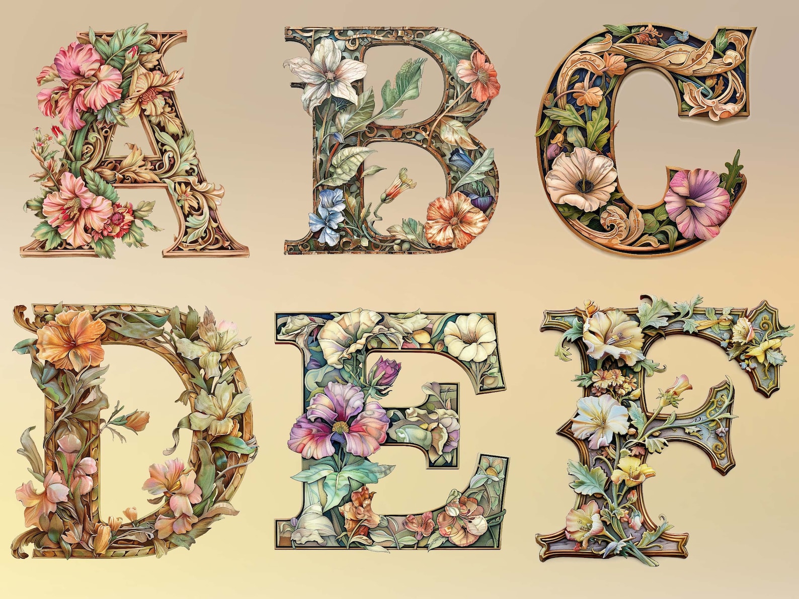 Floral Alphabet Collection Clipart 26 Transparent PNG Bundle, Alphabet ...
