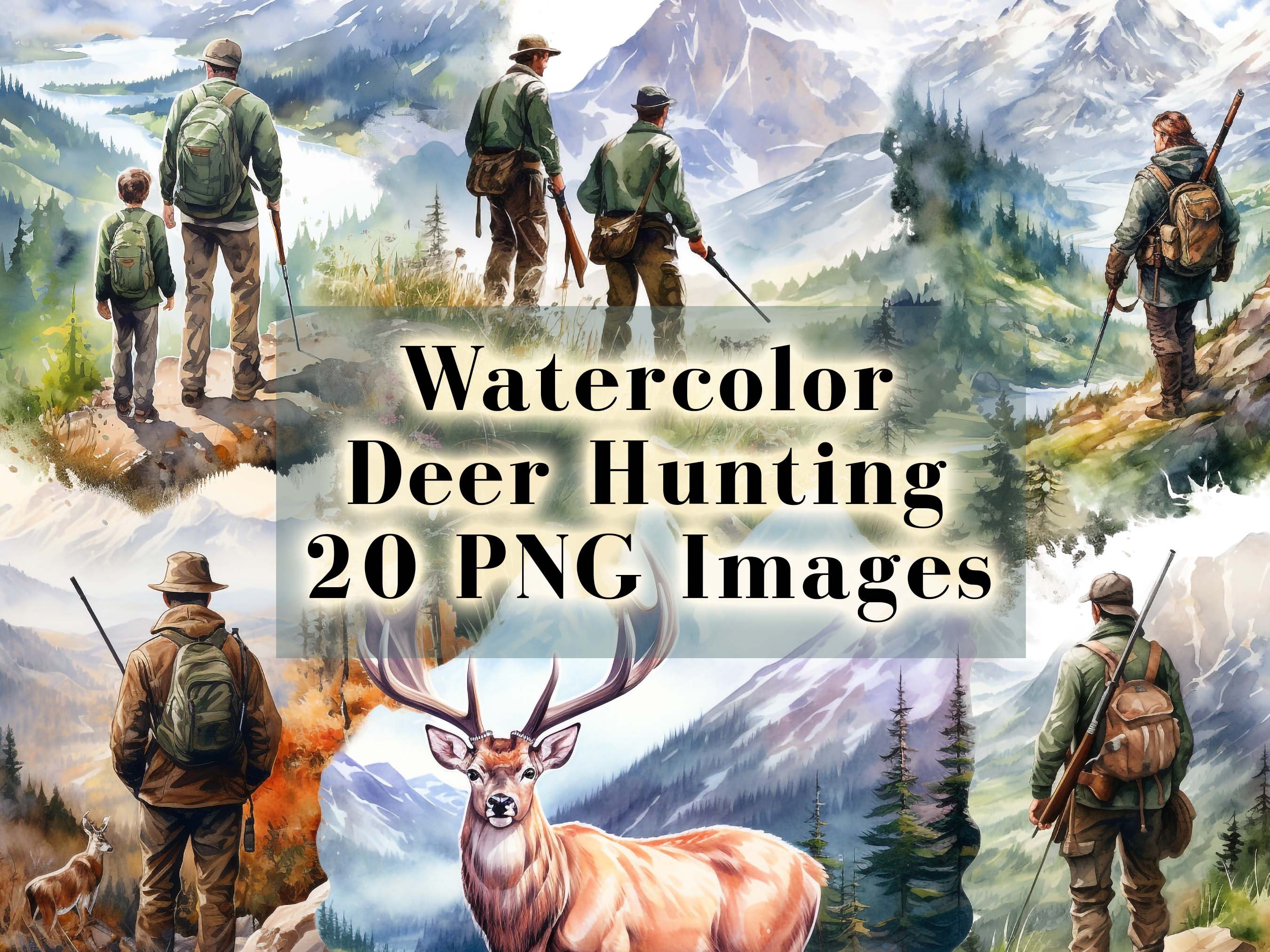 Watercolor Hunting Fishing Clipart Mega Bundle 100 PNG Graphics ...