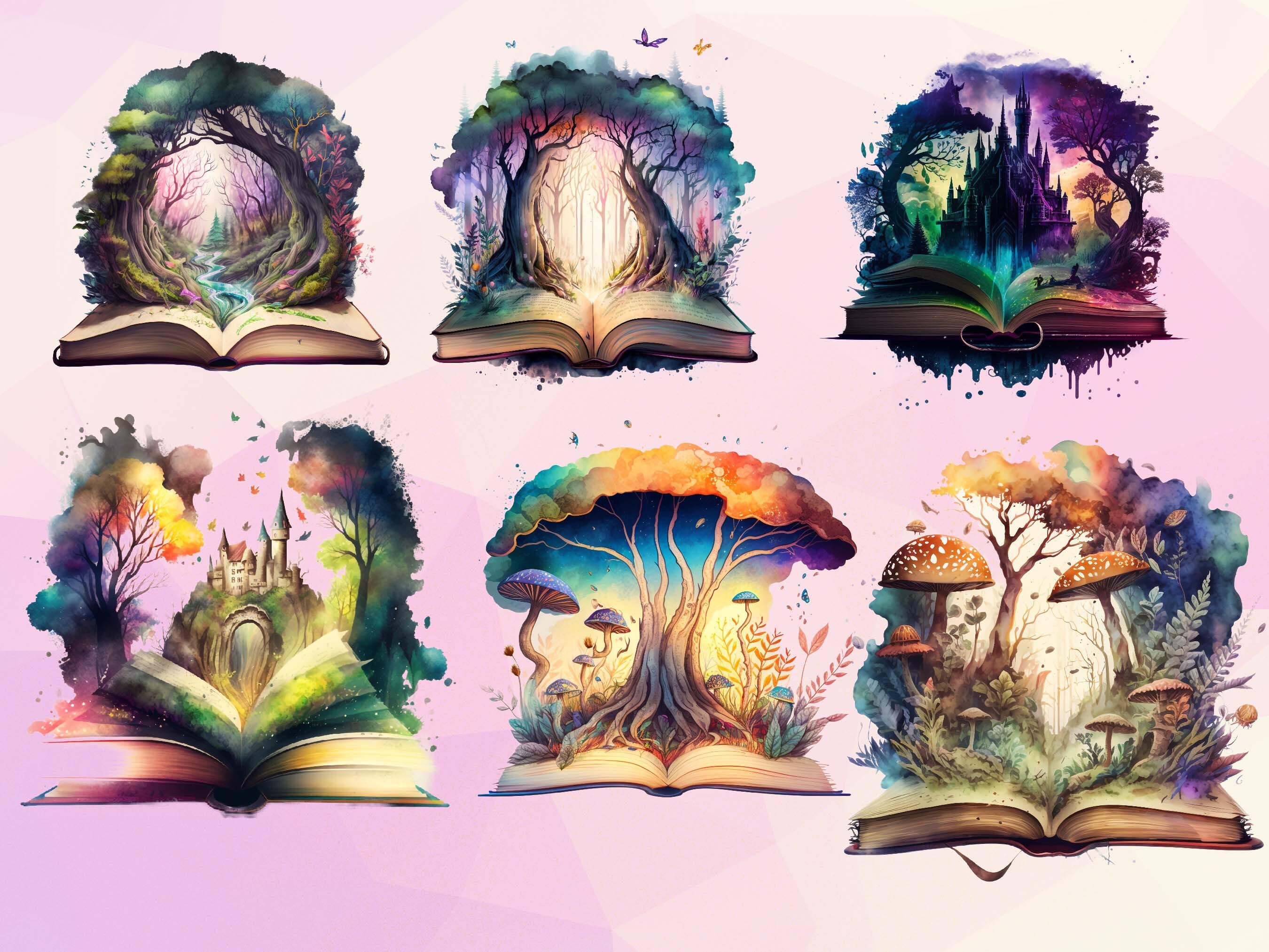 Watercolor Fantasy Books Clipart Bundle, 21 PNG Open Book Clip Art ...