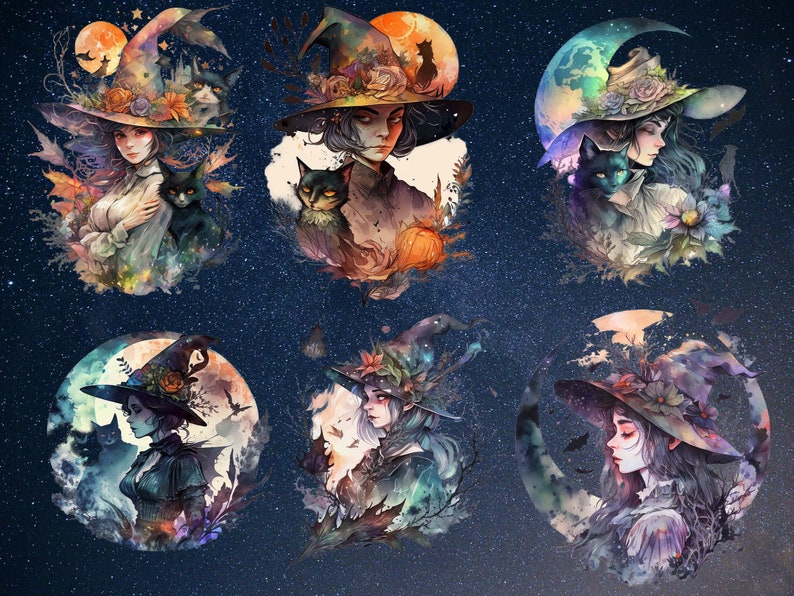 Watercolor Witch Clipart Bundle, 20 Fantasy PNG Witchcraft Clip Art ...