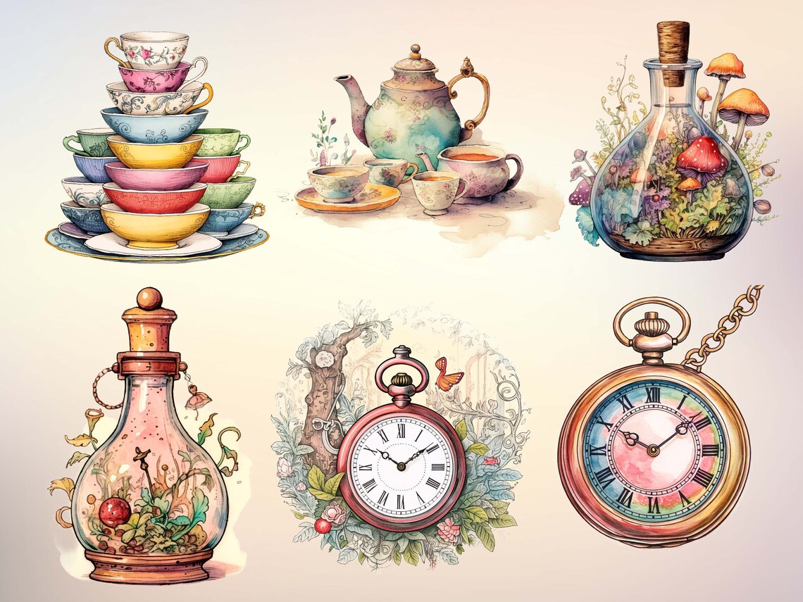 Alice in Wonderland PNG Clipart Bundle, 20 Graphics, Watercolor Alice ...