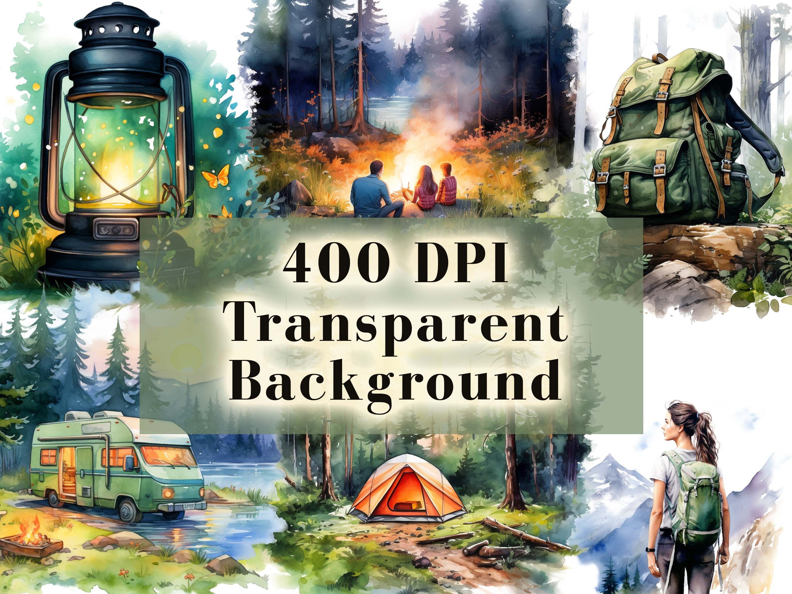 Watercolor Camping Clipart Bundle 20 PNG Graphics Tent, Campfire ...