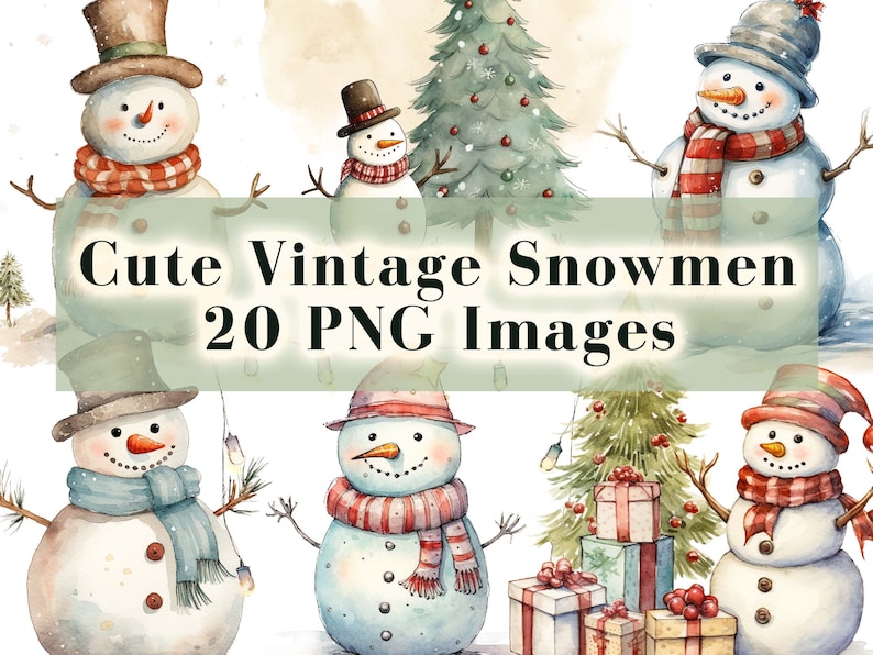 Cute Watercolor Snowman PNG Clipart Bundle of 20 Christmas Holiday ...
