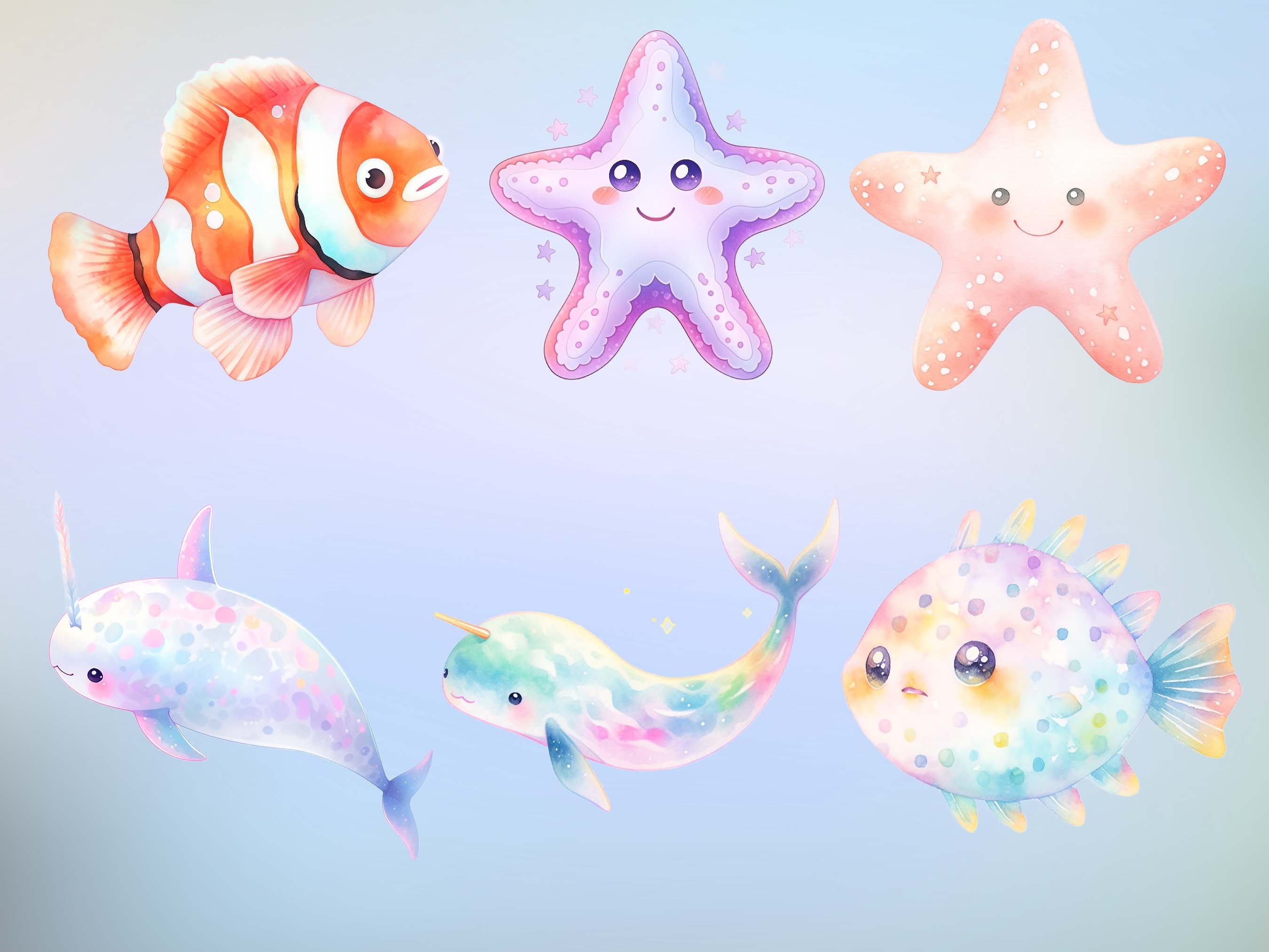Pastel Sea Animals Watercolor Clipart 20 PNG Baby Shower - Etsy