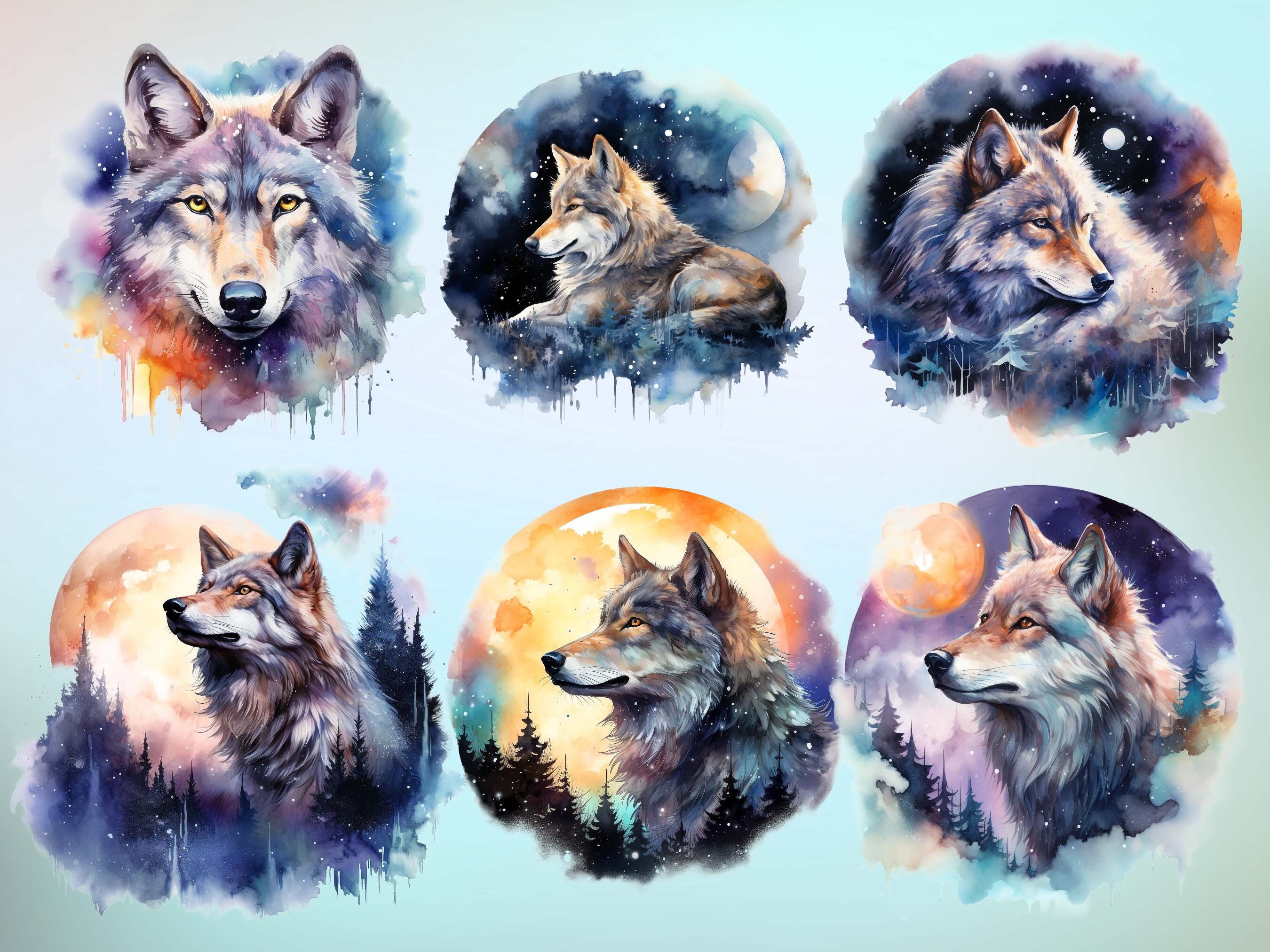 Galaxy Wolf Clipart Bundle 20 PNG Full Moon Wolves Graphics ...