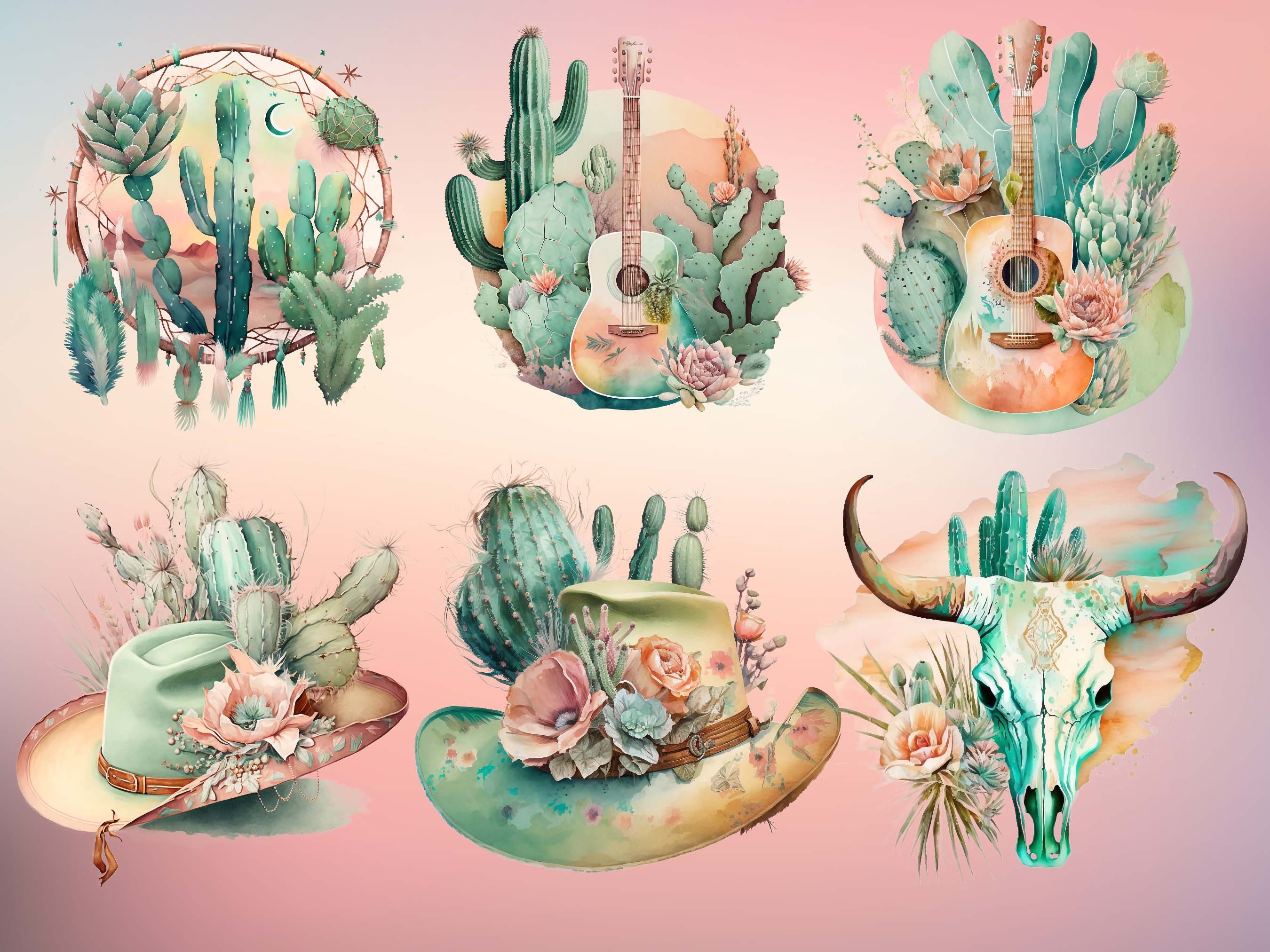 Watercolor Southwest Boho Clip Art Bundle - 20 PNG Graphics, Bohemian ...