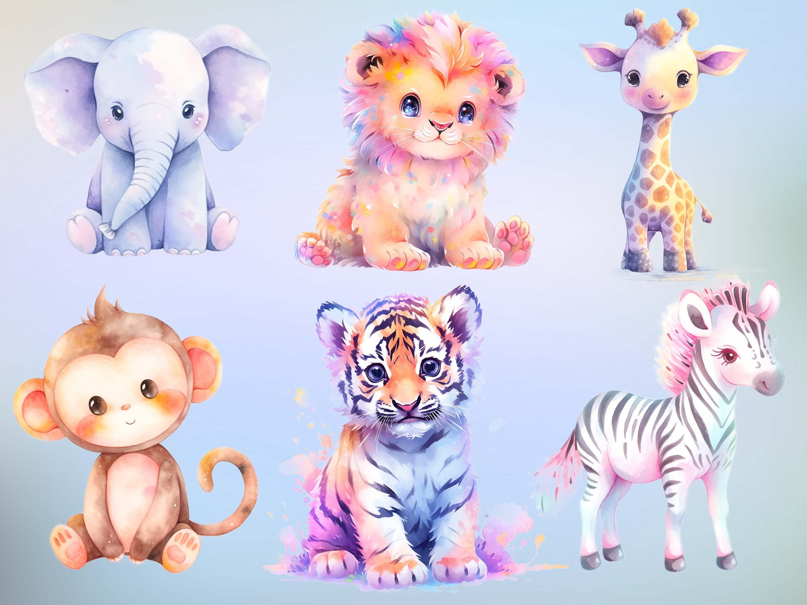 Pastel Baby Animals, Watercolor Clipart, Baby Shower, Lion, Tiger ...
