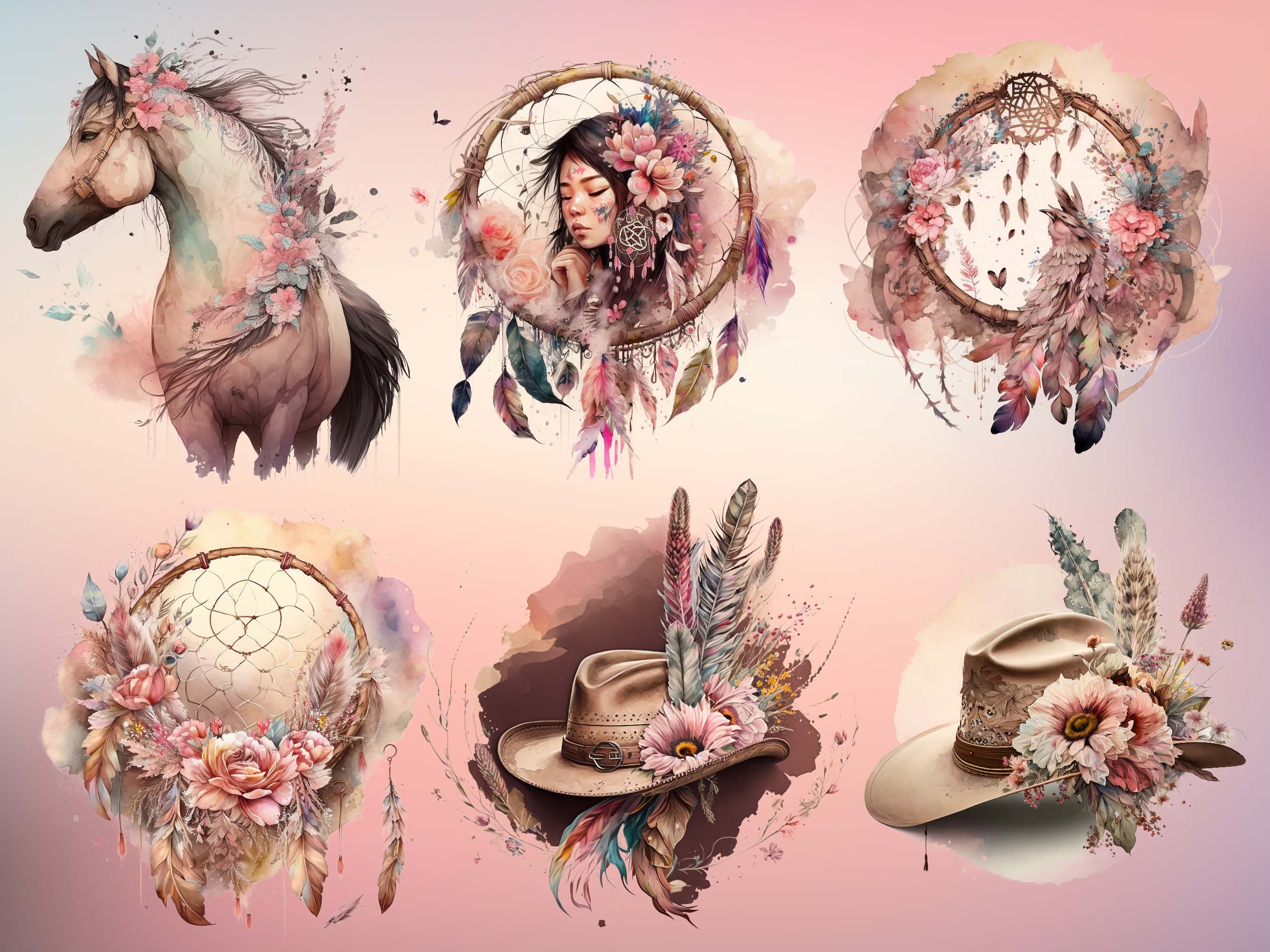 Watercolor Western Boho Clip Art Bundle 20 PNG Graphics, Bohemian ...