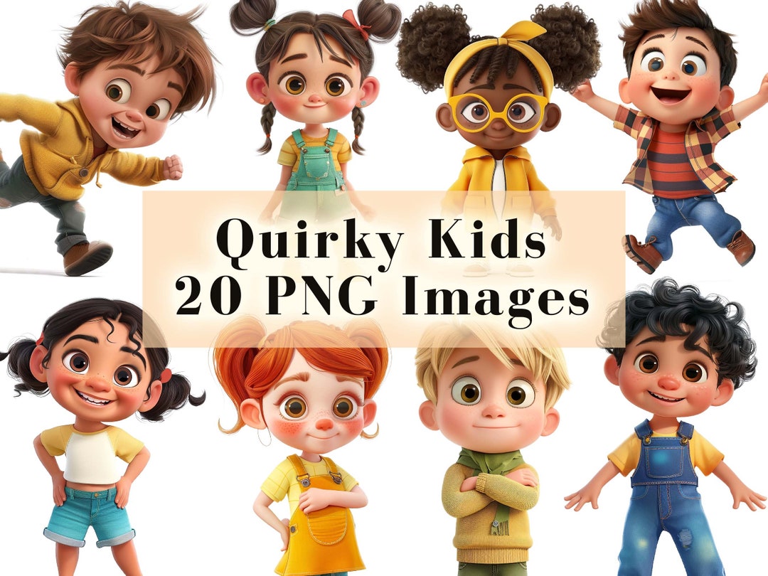 Quirky Kids Clipart Bundle 20 PNG, Mixed Media Whimsical Kids Clip Art ...
