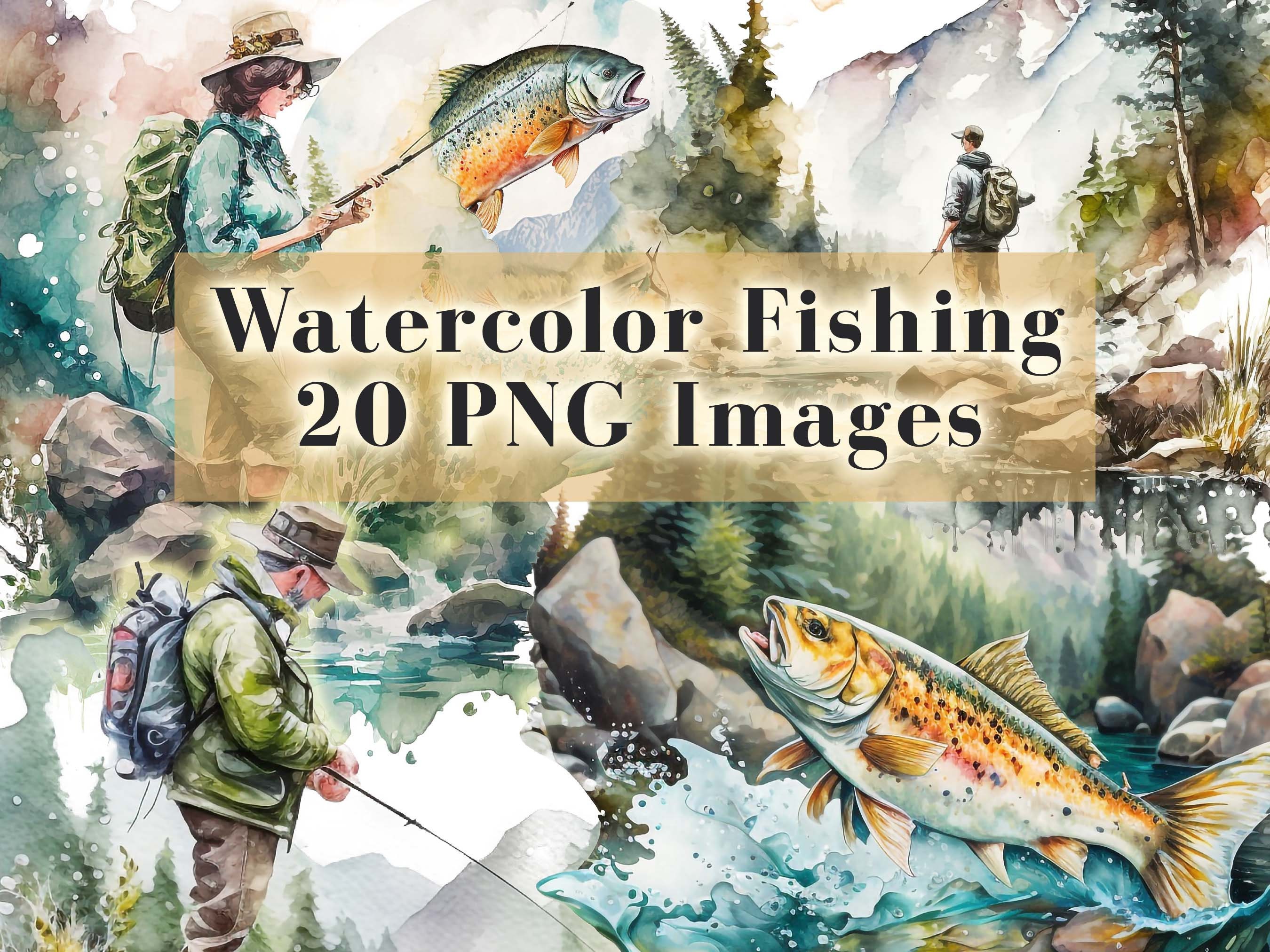 Watercolor Fishing Clipart, Fathers Day Fishing Clipart Bundle, Fish ...