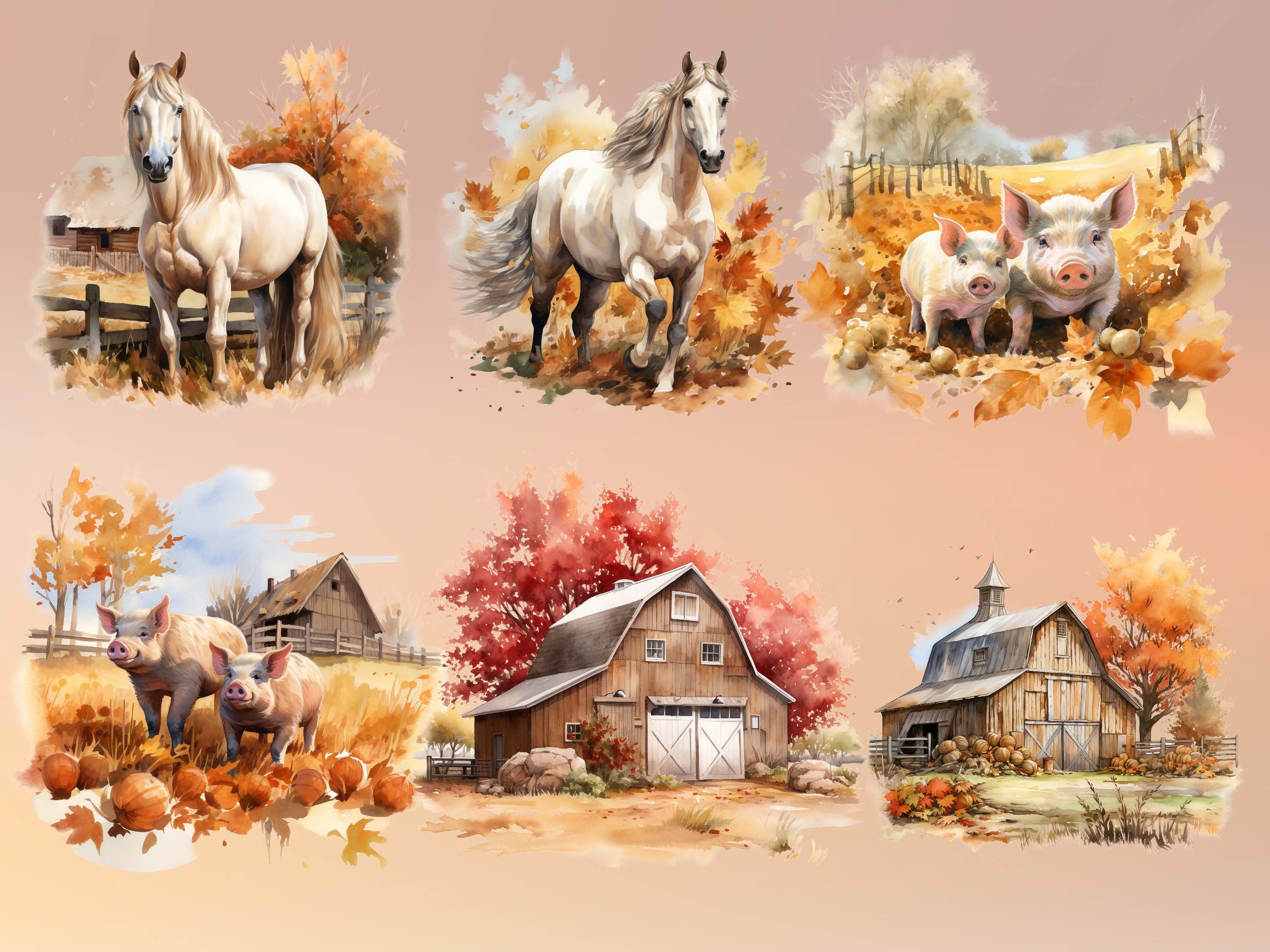 Fall Farmhouse Clipart Bundle - 20 Watercolor PNG - Barnyard Animal ...