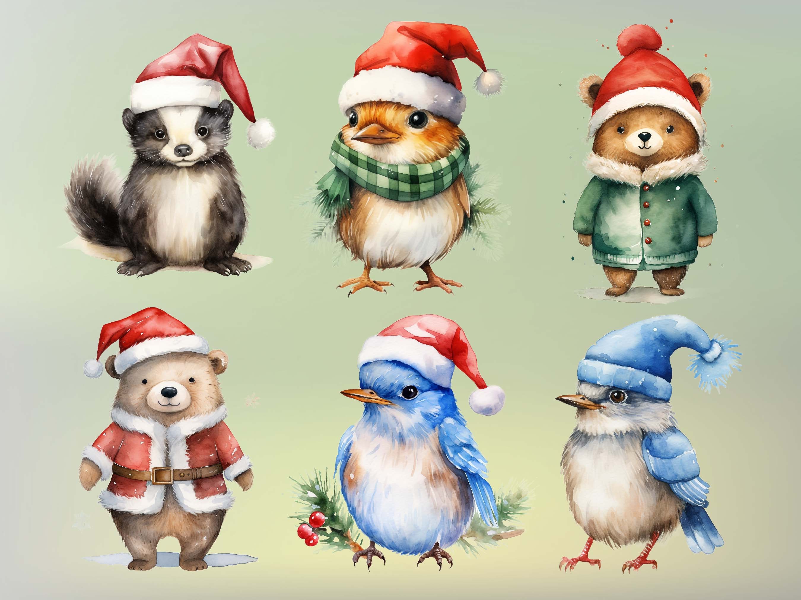 Woodland Christmas Clipart Bundle, 20 PNG, Watercolor Winter, Cute ...