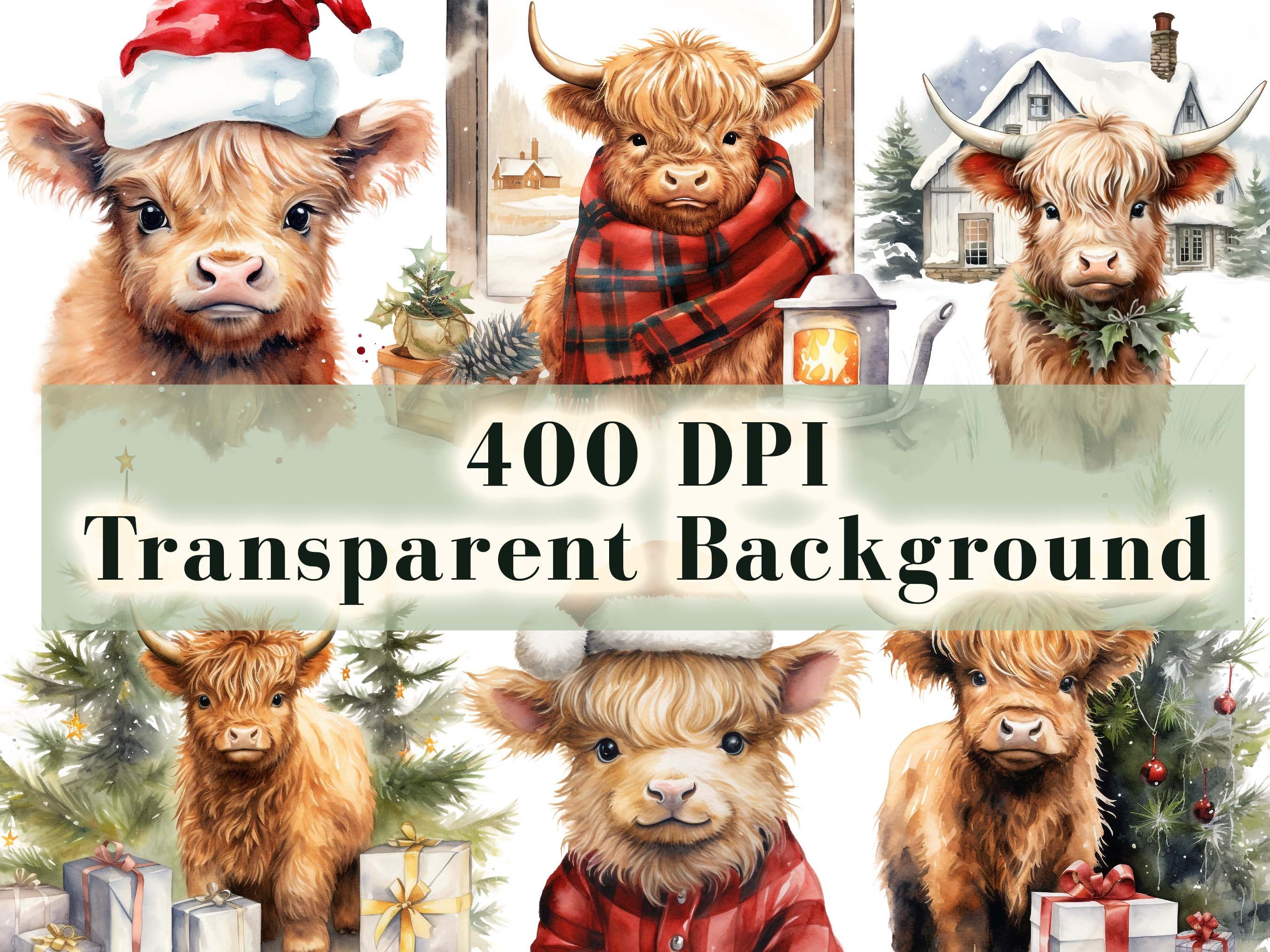 Watercolor Christmas Highland Cows Clipart Bundle 20 PNG Graphics for ...