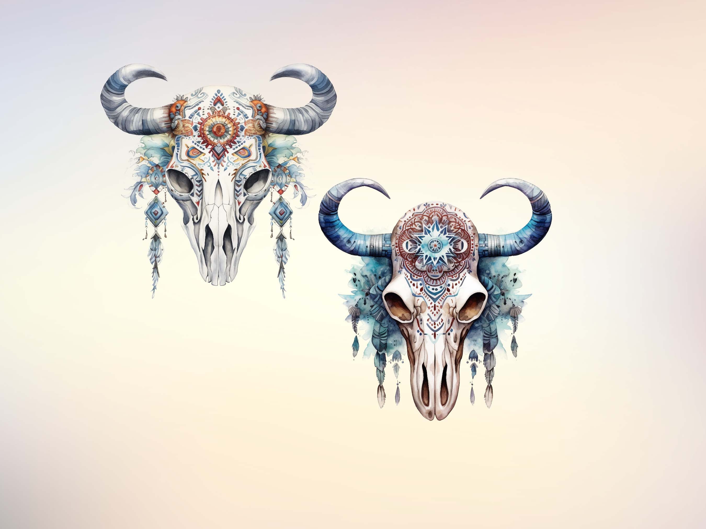 Western Boho Cow Skull Clip Art Bundle - 20 PNG Graphics, Bohemian ...