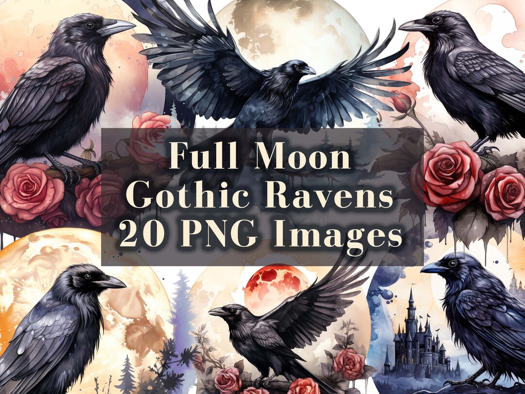 Gothic Raven Clipart - 20 PNG Graphics, Full Moon PNG, Watercolor ...