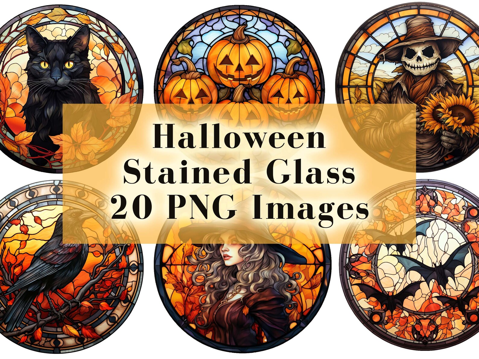 Halloween Stained Glass Clipart Designs - 20 PNG Clip Art Bundle Gothic ...