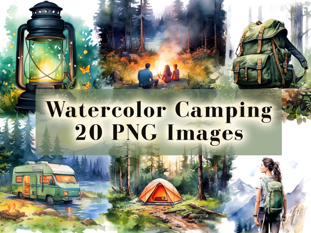 Watercolor Camping Clipart Bundle 20 PNG Graphics - Tent, Campfire ...