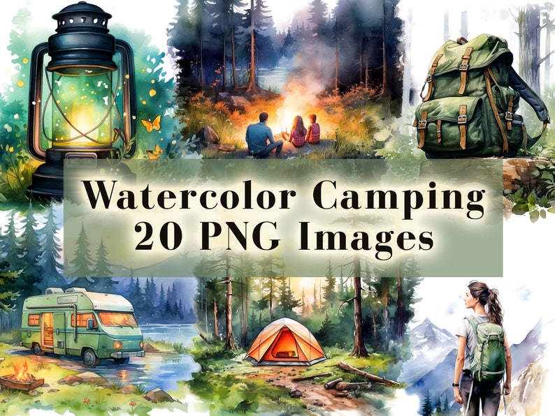 Watercolor Camping Clipart Bundle 20 PNG Graphics Tent, Campfire ...