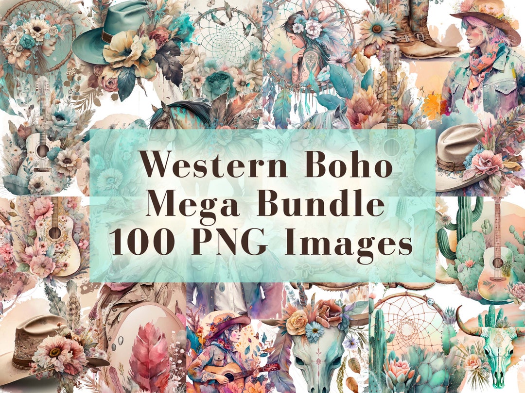 Watercolor Western Boho Clipart Mega Bundle - 100 PNG Graphics ...