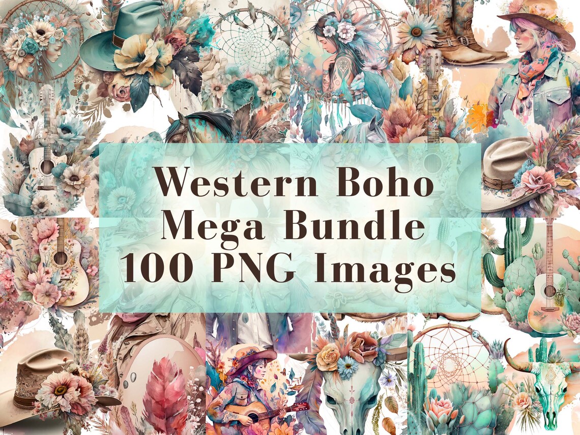 Watercolor Western Boho Clipart Mega Bundle 100 PNG Graphics, Bohemian ...