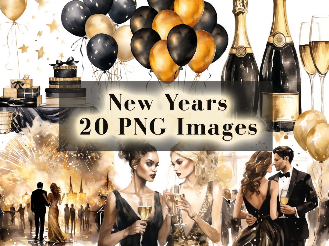 Watercolor New Years Clipart Bundle 20 Black & Gold Party PNG Glam ...
