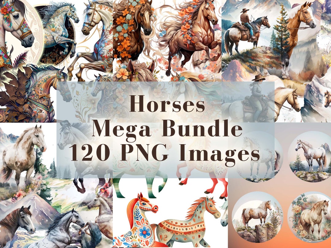 Watercolor Horses Clipart Mega Bundle - 120 PNG Graphics, Floral Horse ...