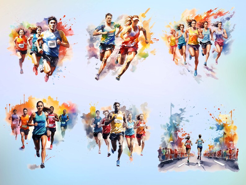 Watercolor Running Clipart Bundle, 20 Marathon Clipart PNG, Sports PNG ...