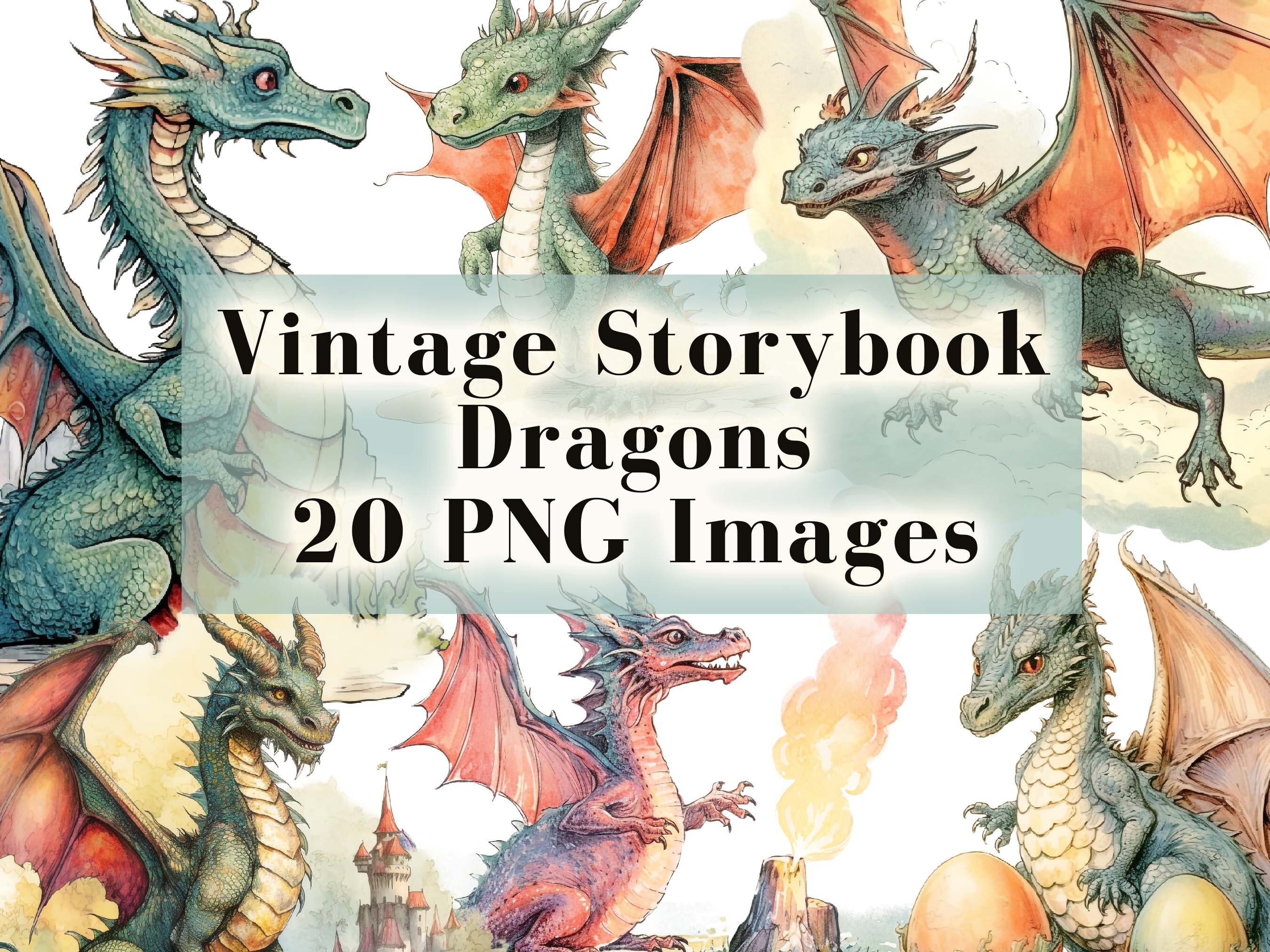 Dragon PNG Bundle - 20 Vintage Storybook Dragon Clipart, Fantasy Clip ...