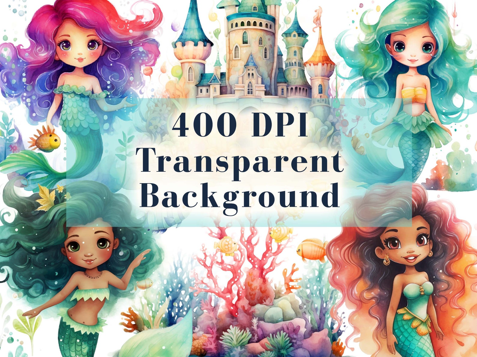 Mermaid Clipart Under the Sea Watercolor Clip Art, 20 Transparent PNG ...