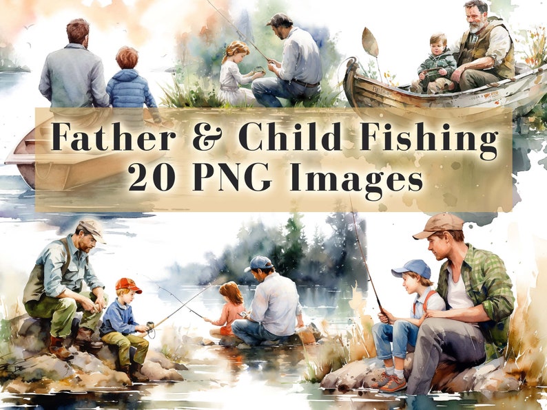 Watercolor Fishing Father Son Clipart Bundle, Fathers Day Fishing ...