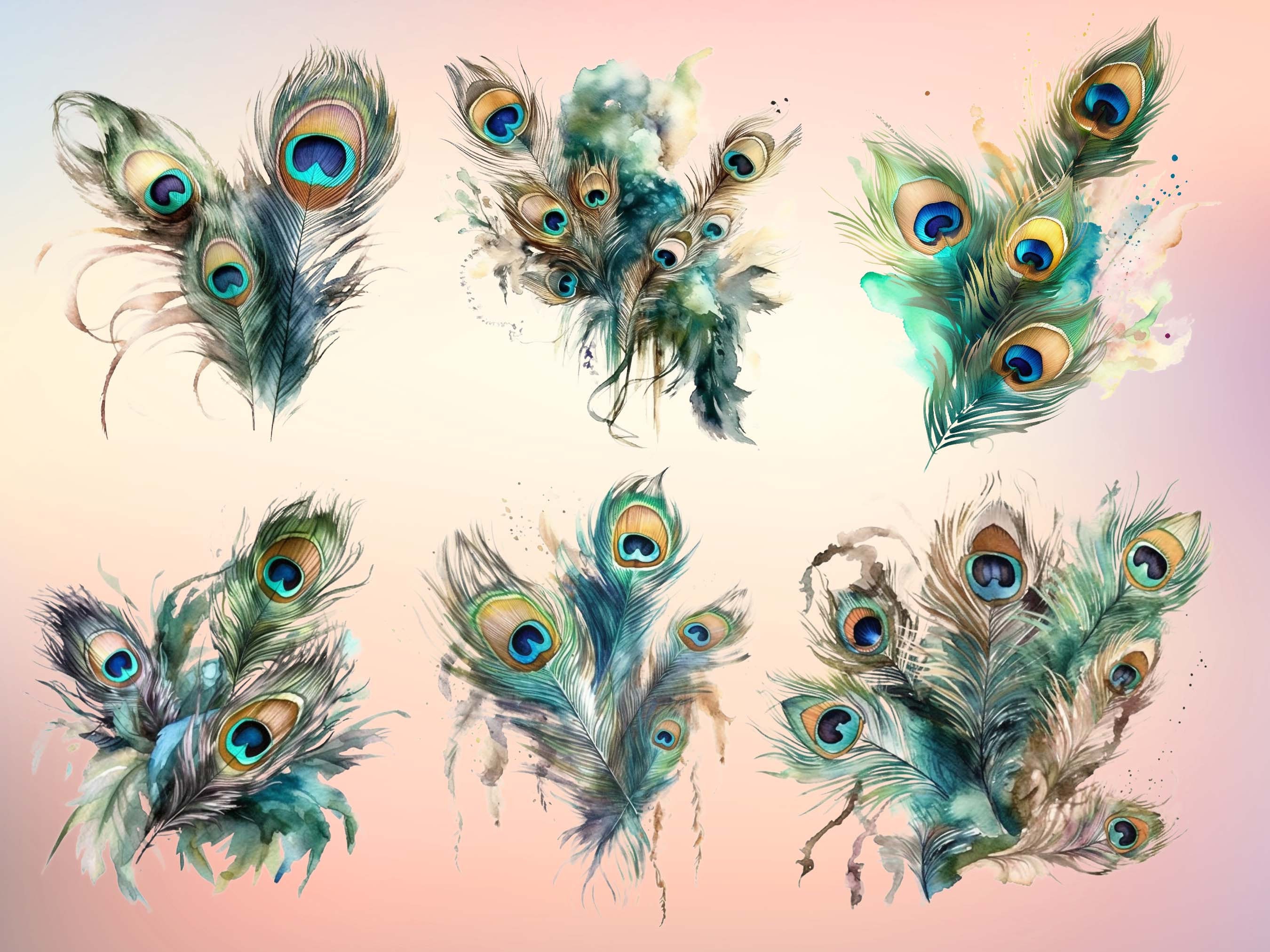 Watercolor Peacock Feather Clipart Bundle, 20 Peacock PNG, Boho Feather ...