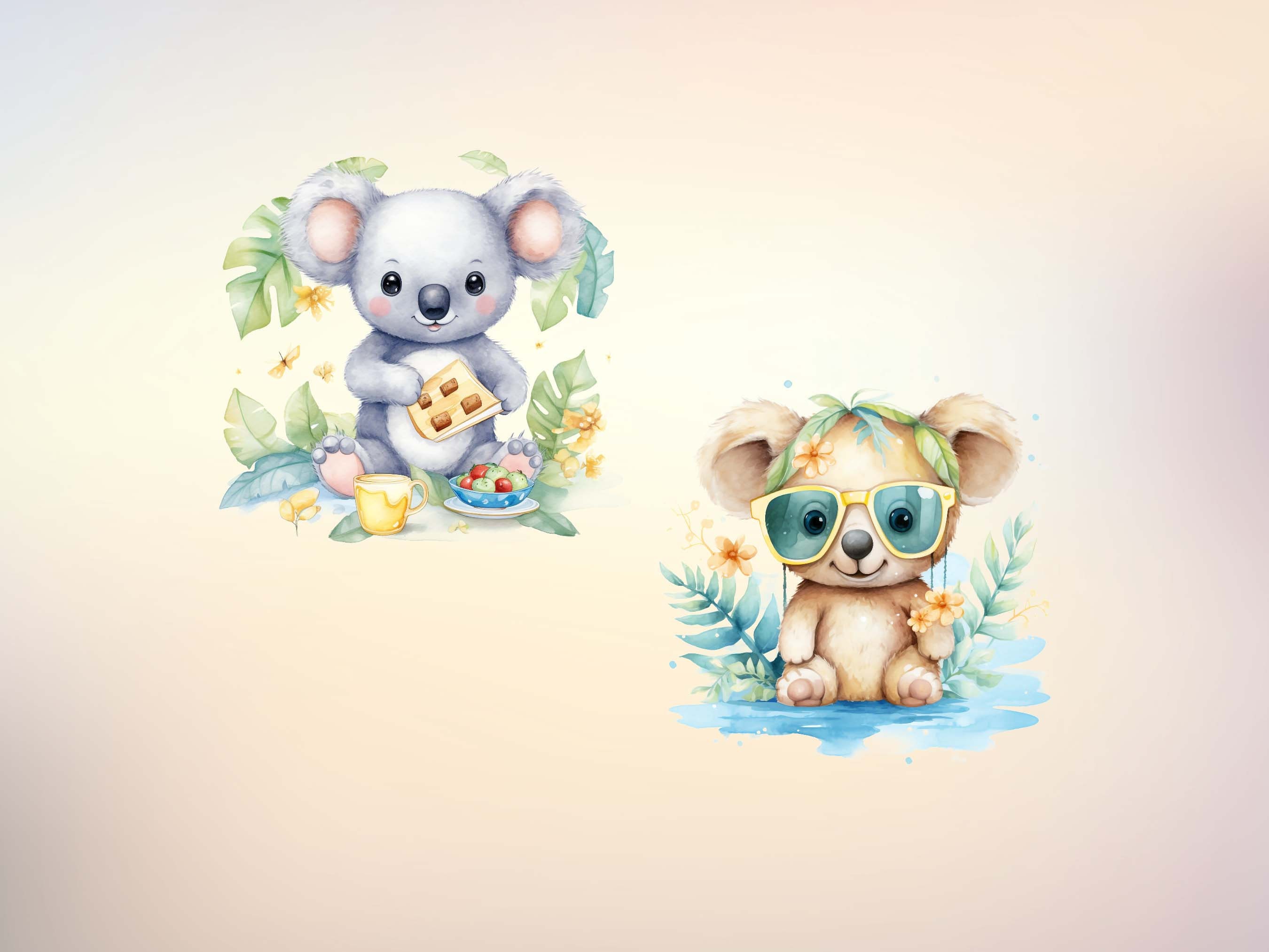 Watercolor Cute Summer Koala Clipart 20 PNG, Pastel Summer Animals Clip ...