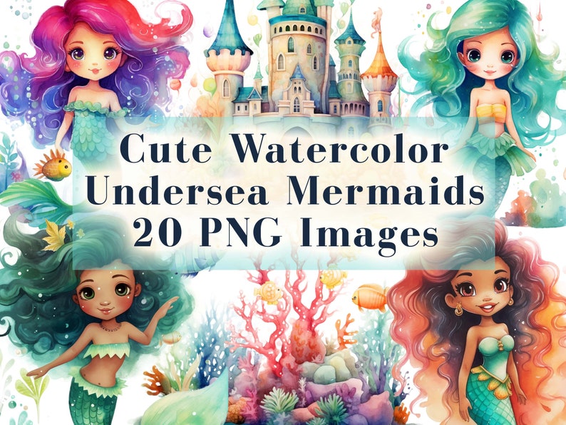 Mermaid Clipart Under the Sea Watercolor Clip Art, 20 Transparent PNG ...