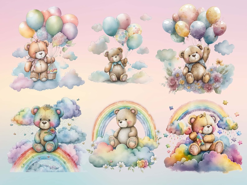Baby Bear Nursery Art PNG Bundle, Watercolor Teddy Bear Printable ...