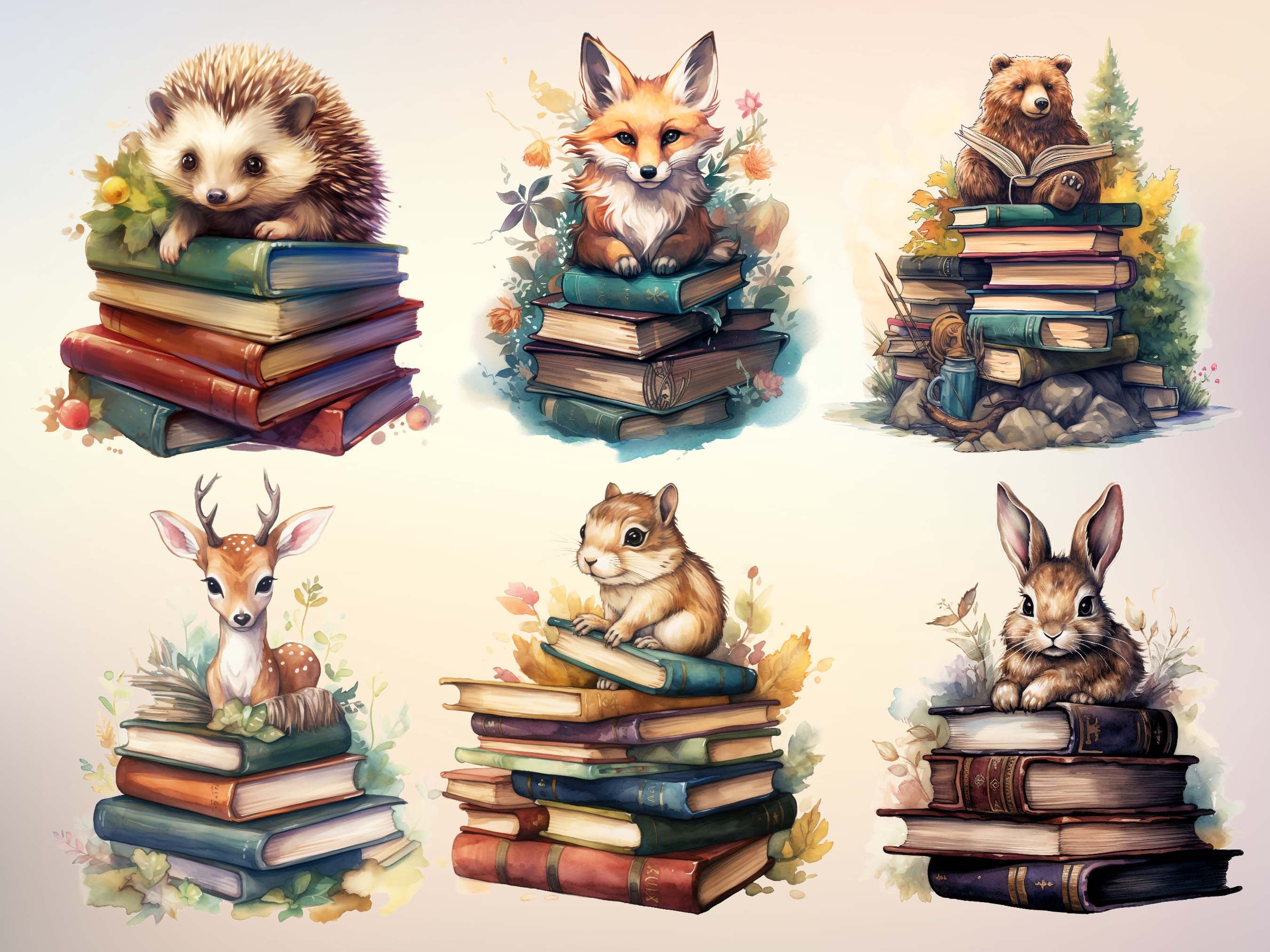 Animals on Books Clipart Bundle, 20 PNG Fairytale Book Clip Art ...