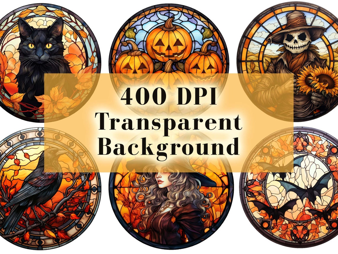 Halloween Stained Glass Clipart Designs - 20 PNG Clip Art Bundle Gothic ...