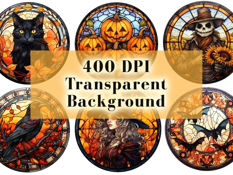 Halloween Stained Glass Clipart Designs - 20 PNG Clip Art Bundle Gothic ...