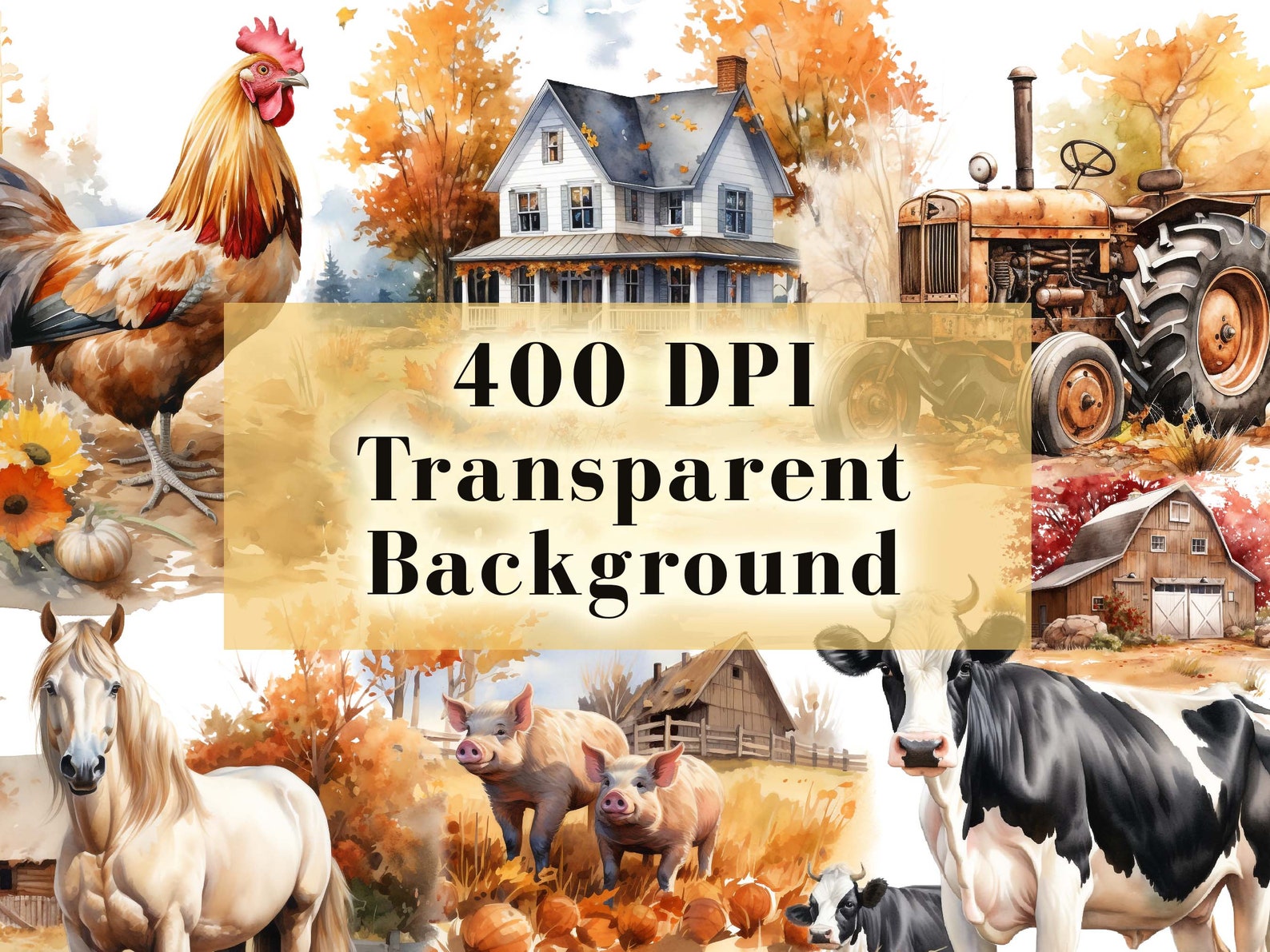 Fall Farmhouse Clipart Bundle - 20 Watercolor PNG - Barnyard Animal ...